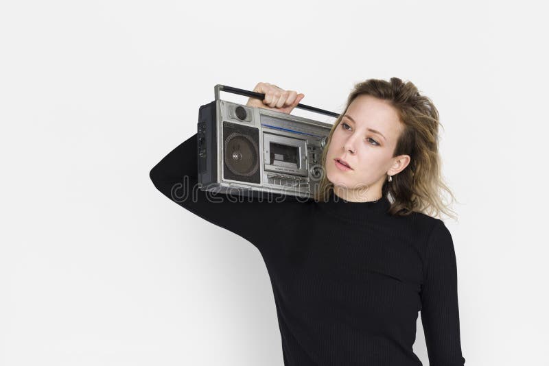 Caucasian Lady Holding Jukebox Neutral Concept Stock Image - Image of ...