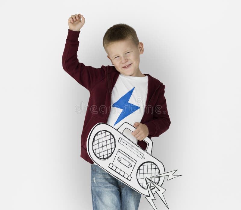 Caucasian Little Boy Holding Jukebox Stock Photo - Image of concept ...