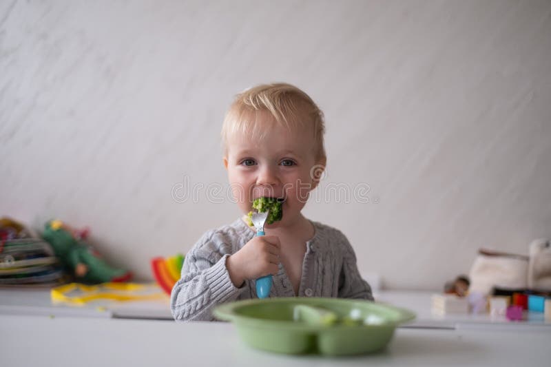Child Little Girl Eats Vegetable Salad Using Fork Stock Image - Image ...