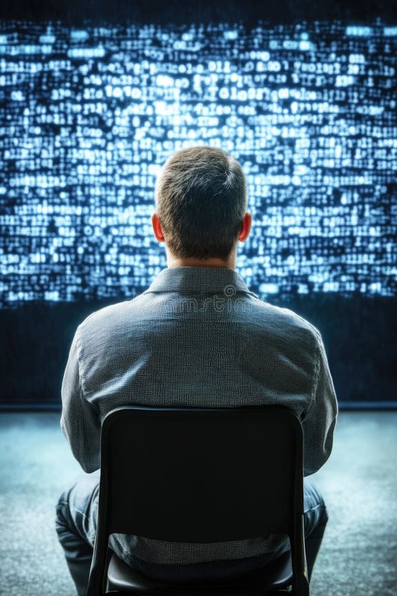 Caucasian Male Adult Analyzing Data Code Display in Dark Room Stock ...