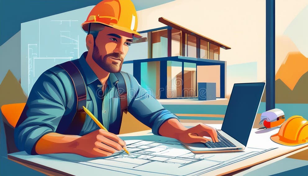 Caucasian Male Architect Engineer Construction Worker Using Computer ...