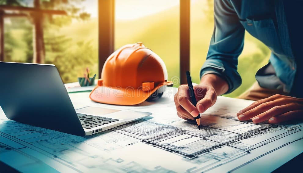 Caucasian Male Architect Engineer Construction Worker Using Computer ...