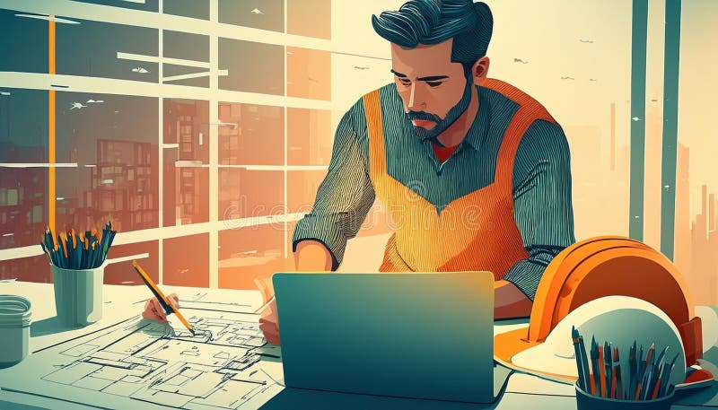 Caucasian Male Architect Engineer Construction Worker Using Computer ...