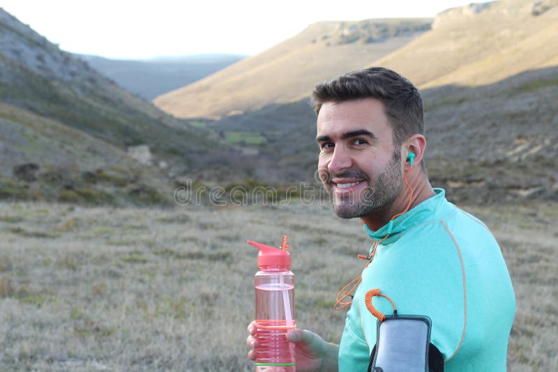 Caucasian Male Drinking Water Outdoors Stock Photo - Image of mountain ...