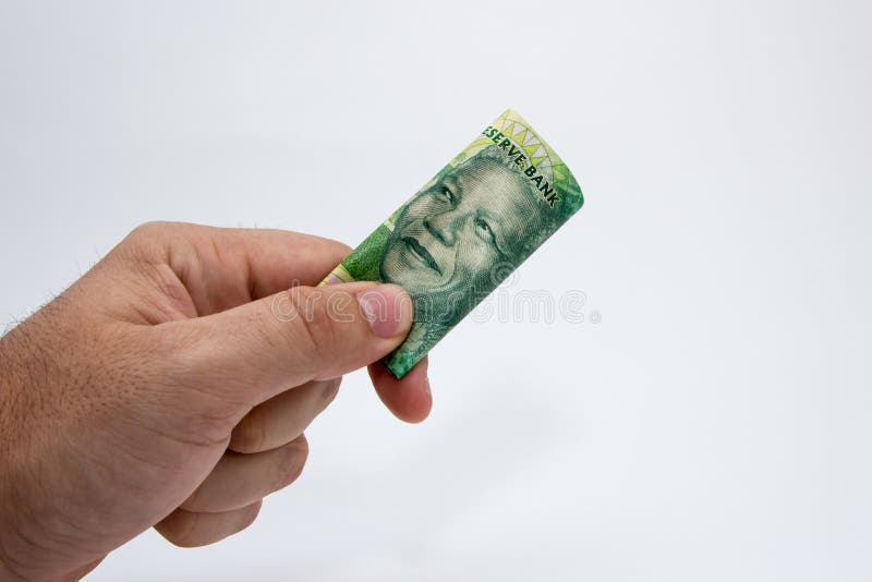 A Caucasian Male Hand Holding a 10 Rand South African Note. this Image ...