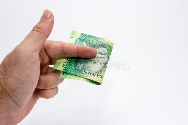 A Caucasian Male Hand Holding a 10 Rand South African Note. this Image ...