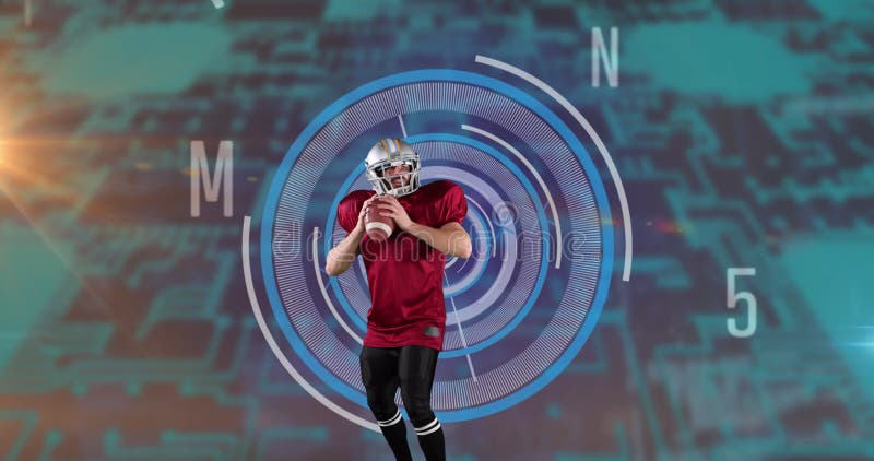 Caucasian Male Ruby Player Throwing the Ball Against Round Scanner and ...