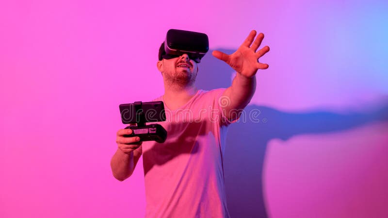 Caucasian Male Using Virtual Reality Headset Stock Image - Image of ...