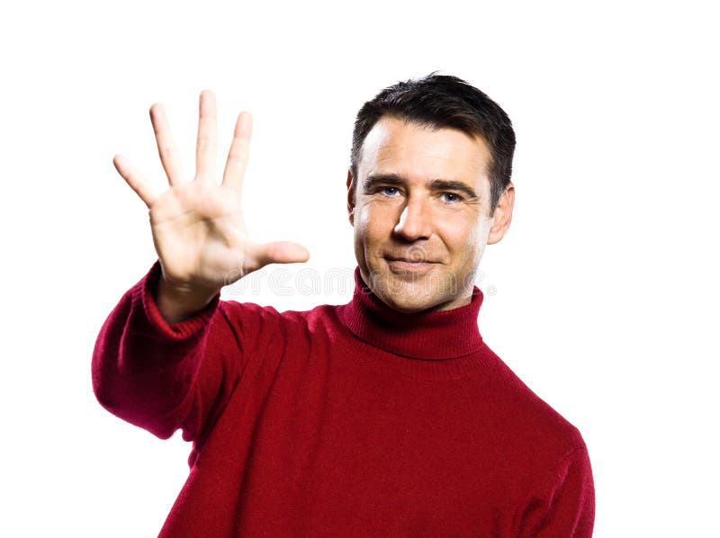 Caucasian Man 5 Five Showing Fingers Stock Photo - Image of pullover ...