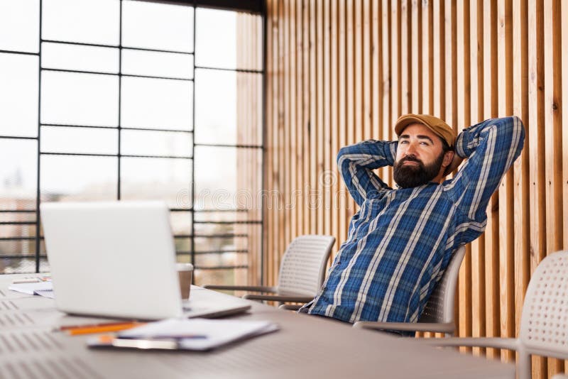 Caucasian Man with Beard Relax on Modern Workspace. Office Business ...
