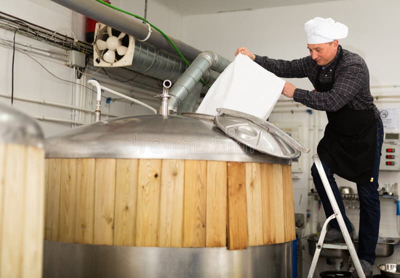 Man Brewmaster Pouring Beer Component into Tank Stock Image - Image of ...