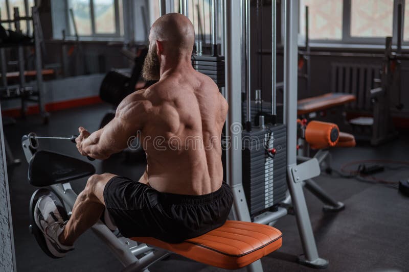 Bald Caucasian Bodybuilder Doing Heavy Triceps Exercises with Cable ...