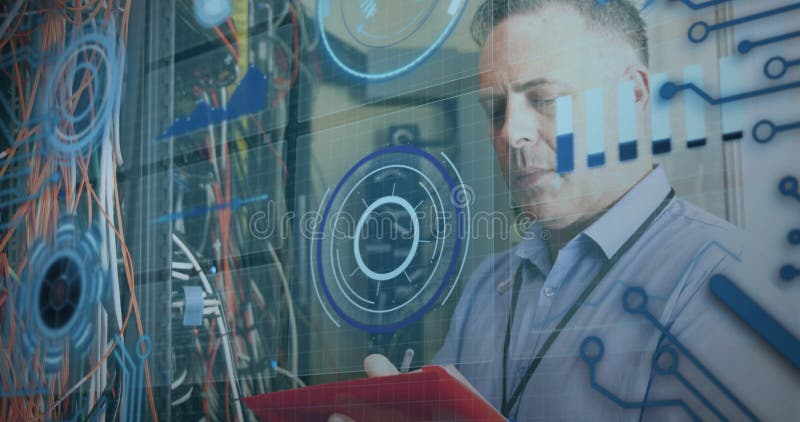 A Focused Man Analyzing Samples with a Microscope and Tablet in a ...