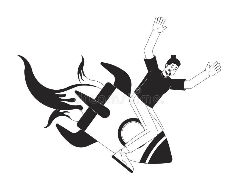 Caucasian Man Falling Down on Rocket Black and White 2D Line Character ...