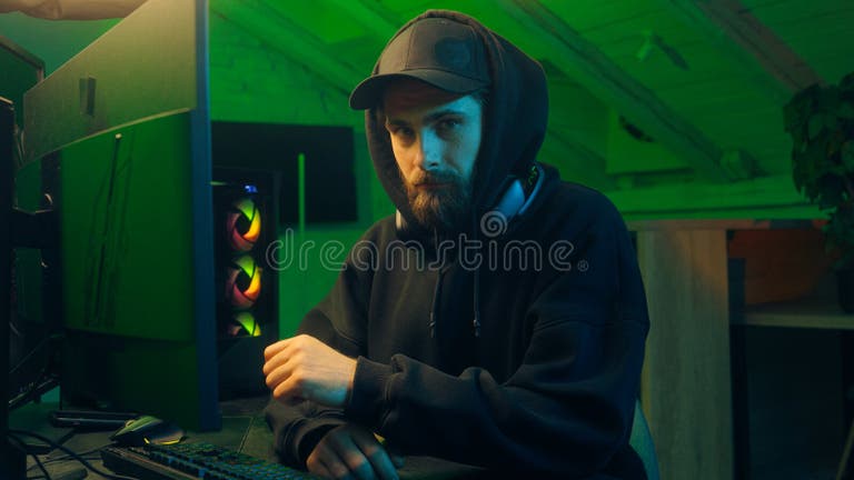 Caucasian Man Hacker Computer Looking at Camera Programming Pc Scam ...