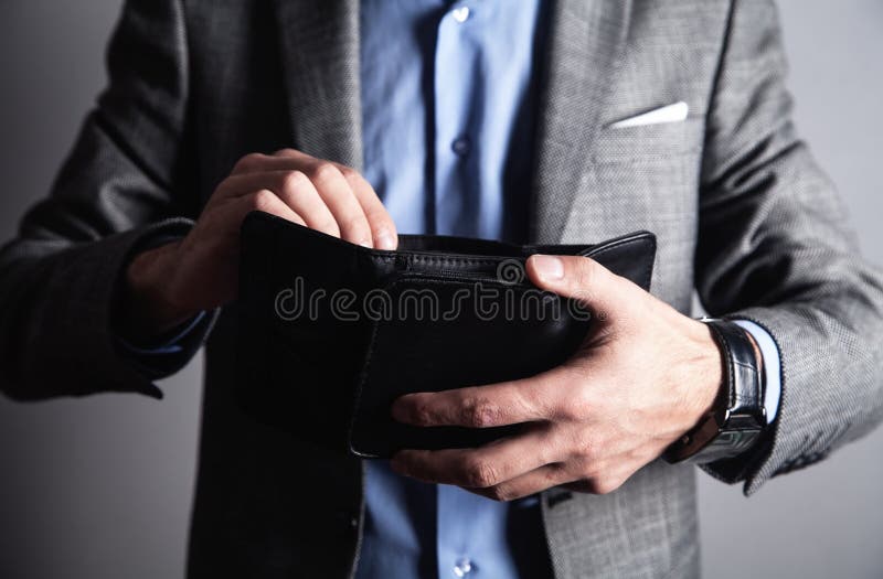 Caucasian Man Holding Empty Leather Wallet Stock Photo - Image of ...