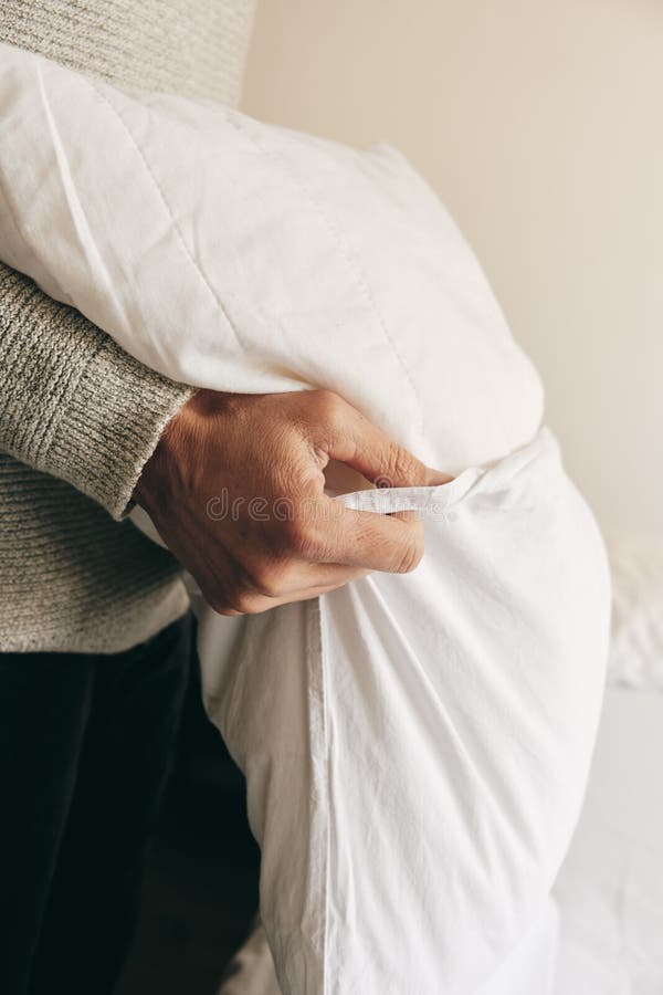 Caucasian Man Making the Bed Stock Photo - Image of person, housework ...