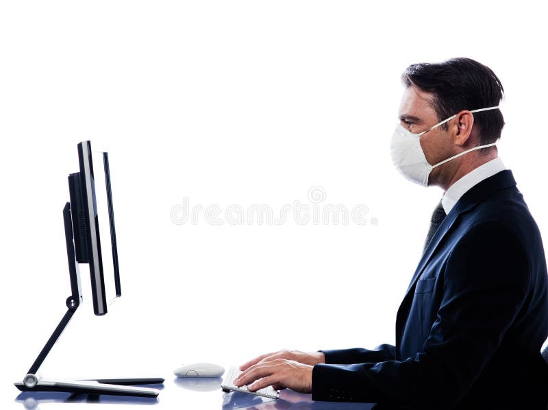 Caucasian Man Portrait with Computer Wearing Mask Stock Image - Image ...