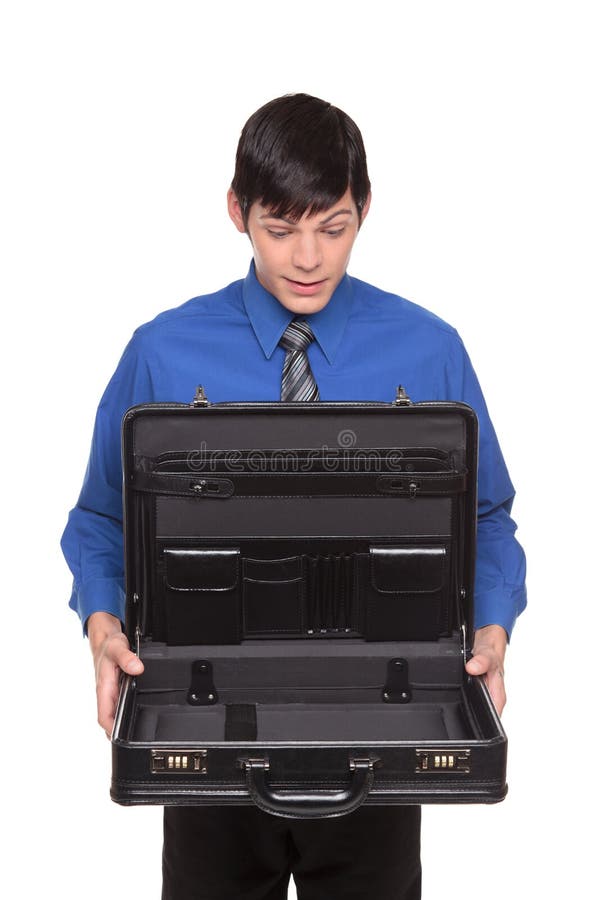 Caucasian Man Presenting an Open Empty Briefcase Stock Image - Image of ...