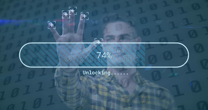 Caucasian Man Scanning His Hand Over Futuristic Screen with Data ...