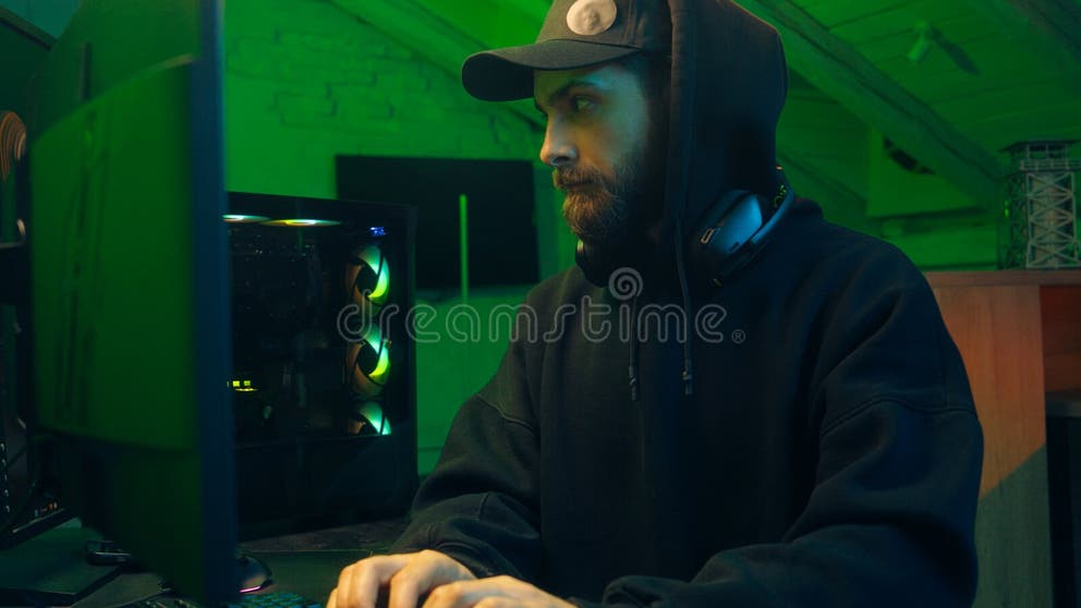 Caucasian Man Typing Keyboard Computer Desktop Pc Online Cyber Crime Virtual Networks Browser ...