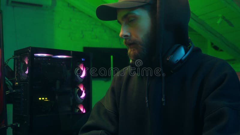 Caucasian Man Typing Keyboard Computer Desktop Pc Online Cyber Crime Virtual Networks Browser ...