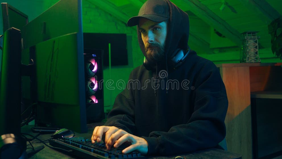 Caucasian Man Typing Keyboard Computer Desktop Pc Online Cyber Crime ...