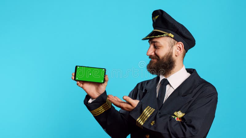 Caucasian Man Using Greenscreen Dressed As Pilot Stock Image - Image of ...