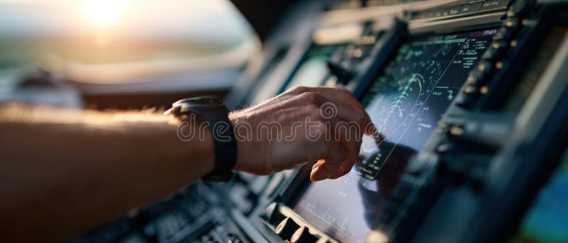Caucasian Man Using Touchscreen Display in Airplane Cockpit, Navigating ...