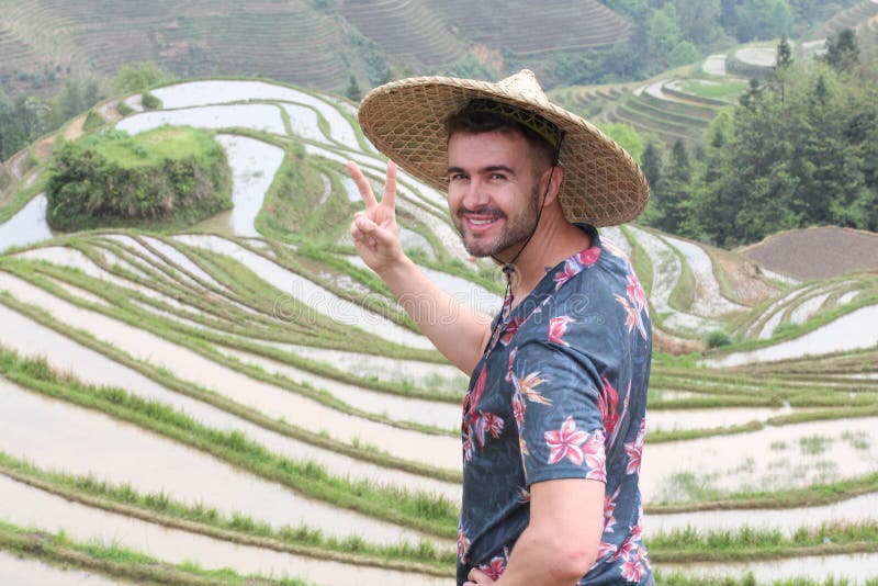 Caucasian Man Visiting Traditional Asian Rice Fields Stock Image ...