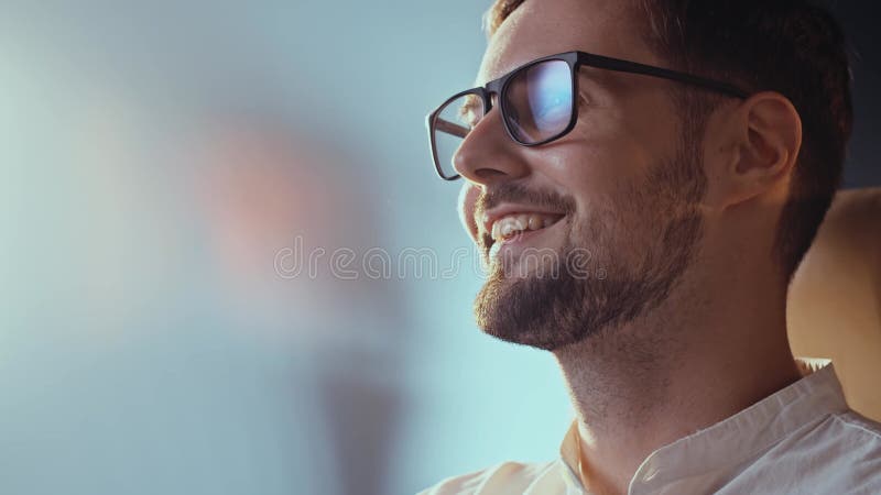 Caucasian Programmer Guy in Glasses Coding His First Program. Finally Done Programming Code ...