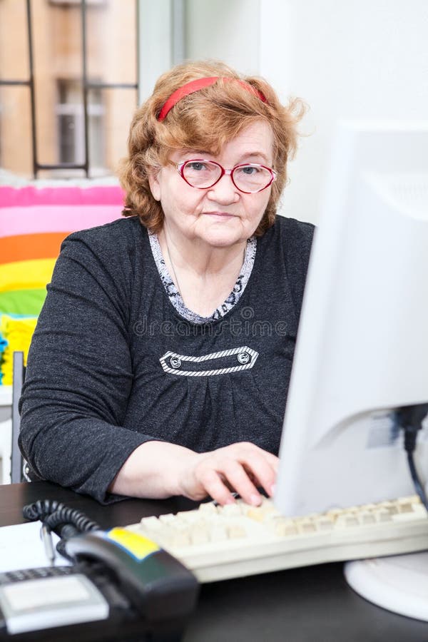 Caucasian Senior Woman Working with Computer Stock Photo - Image of ...
