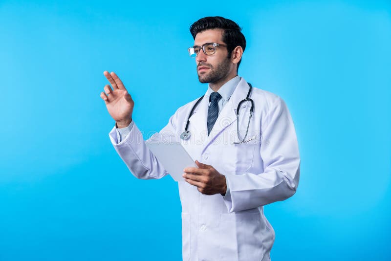Caucasian Smart Doctor Pointing while Standing and Wearing Lab Coat ...