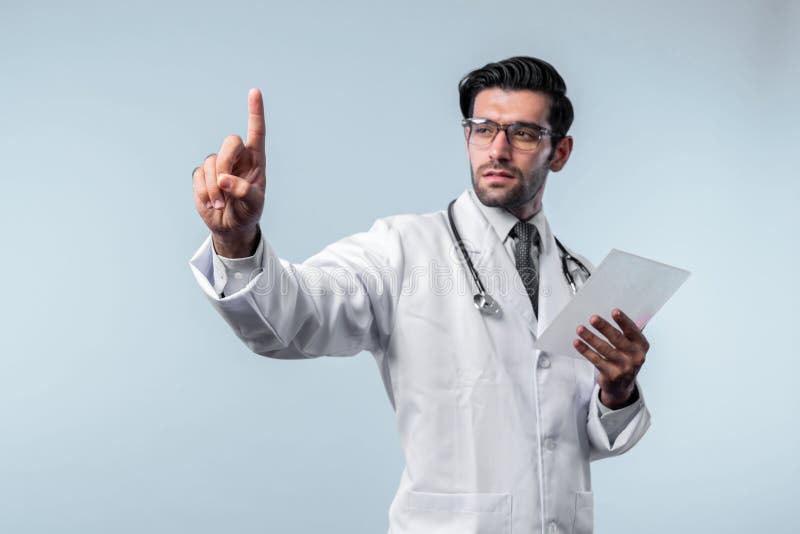 Caucasian Smart Doctor Pointing while Standing and Wearing Lab Coat ...