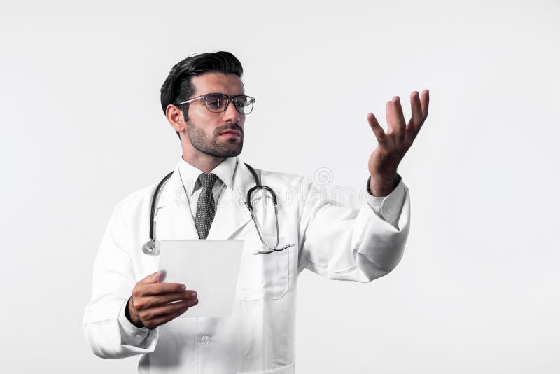 Caucasian Smart Doctor Pointing while Standing and Wearing Lab Coat ...