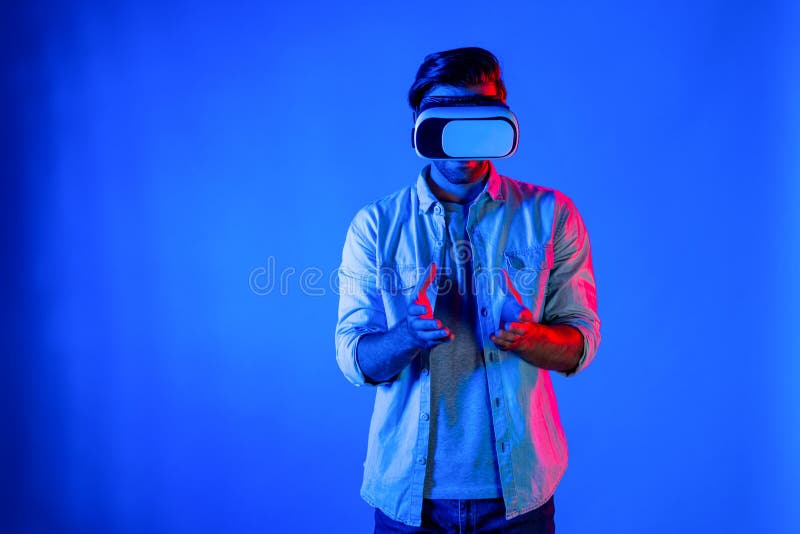 Caucasian Smart Man Holding and Moving Gesture while Using VR Goggle ...