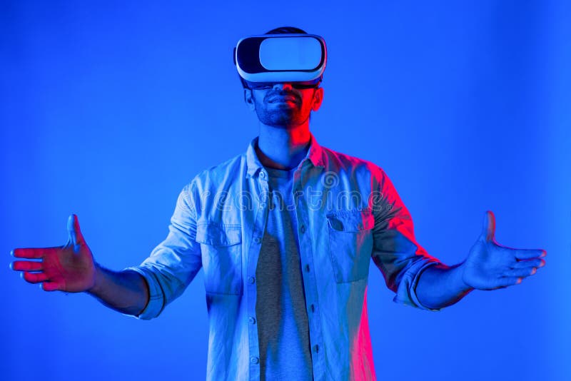 Caucasian Smart Man Holding and Moving Gesture while Using VR Goggle ...