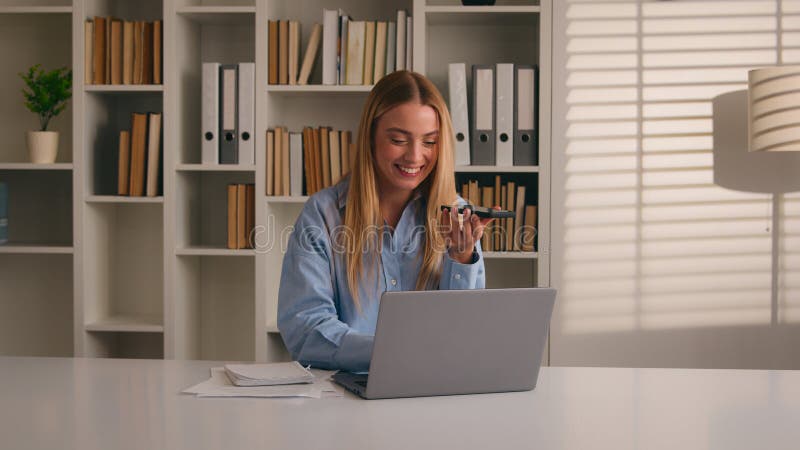 Caucasian Smiling Businesswoman at Table Home Office Library Using ...