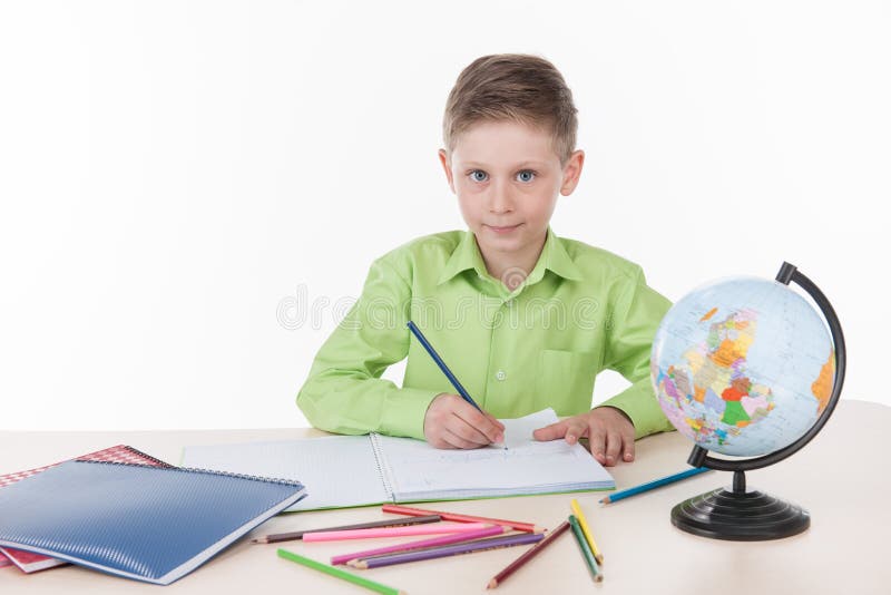 Caucasian Student Boy Writing Homework. Stock Photo - Image of school ...