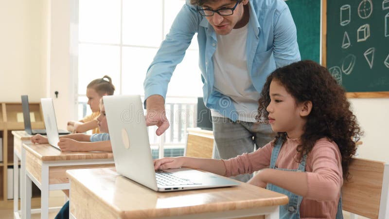 Caucasian Teacher Helping American Student Coding Engineering Prompt ...