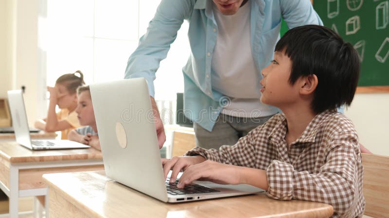 Caucasian Teacher Helping Asian Student Coding Engineering Prompt ...