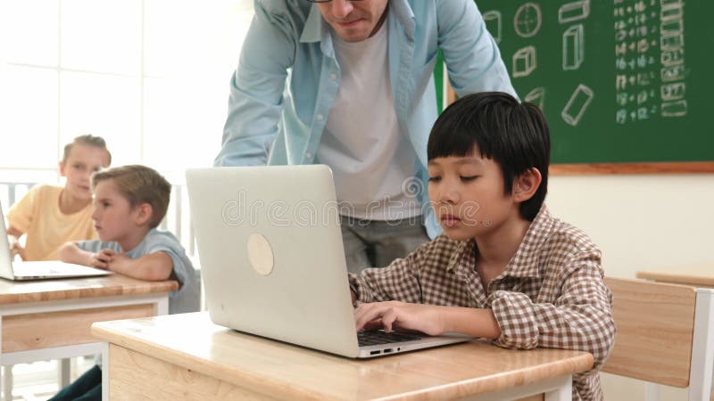 Caucasian Teacher Helping Asian Student Coding Engineering Prompt ...