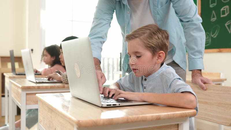 Caucasian Teacher Helping Asian Student Coding Engineering Prompt ...