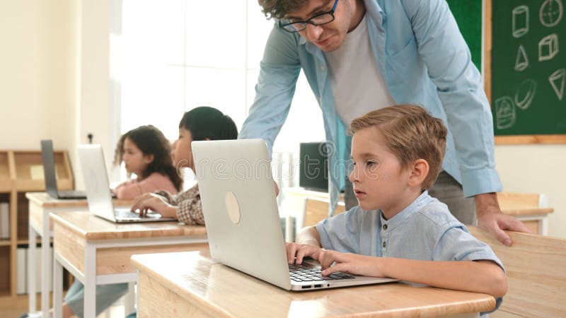 Caucasian Teacher Helping Energetic Boy Coding Engineering Prompt ...