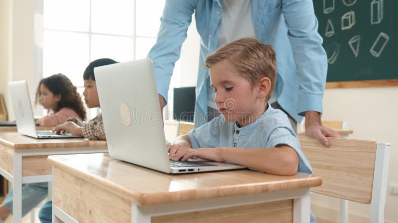 Caucasian Teacher Helping Energetic Boy Coding Engineering Prompt ...