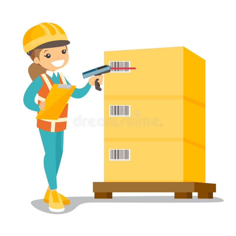 Caucasian Warehouse Worker Scanning Barcode on Box Stock Vector ...