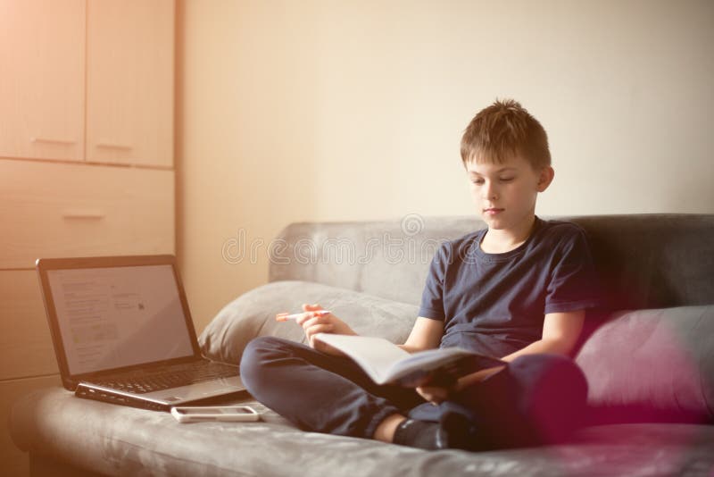 Caucasian White Boy Doing His Homework Stock Image - Image of indoors ...