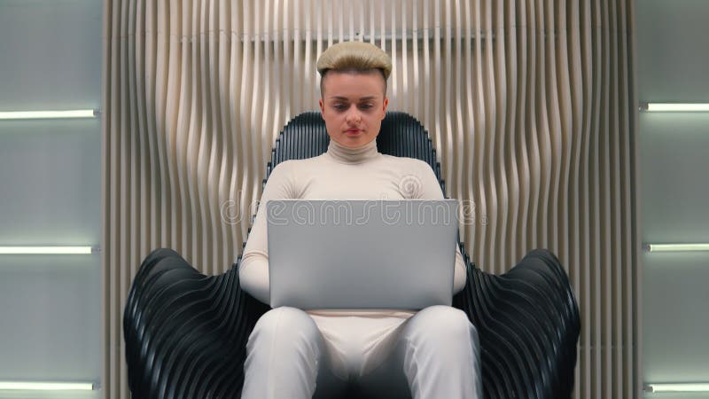 Caucasian Woman Girl in White Neon Futuristic Space Female it ...