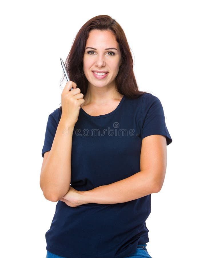 Caucasian Woman Hold with Pen Stock Image - Image of isolated, junior ...