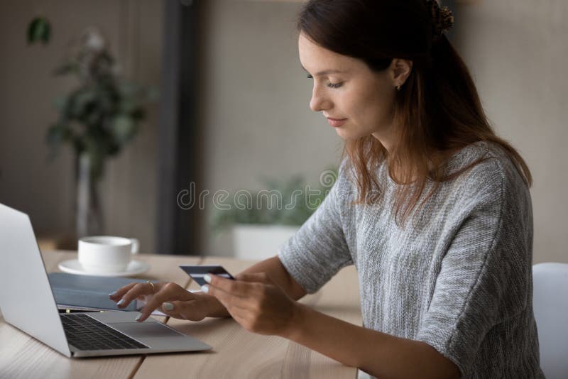 Caucasian Woman Make Online Payment with Credit Card Stock Image ...